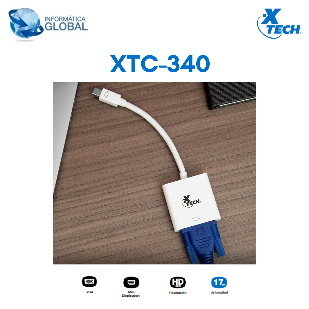 ADAPTADOR MINI DISPLAY PORT A VGA 17CM XTECH XTC-340 COLOR BLANCO - Informática Global Ec.