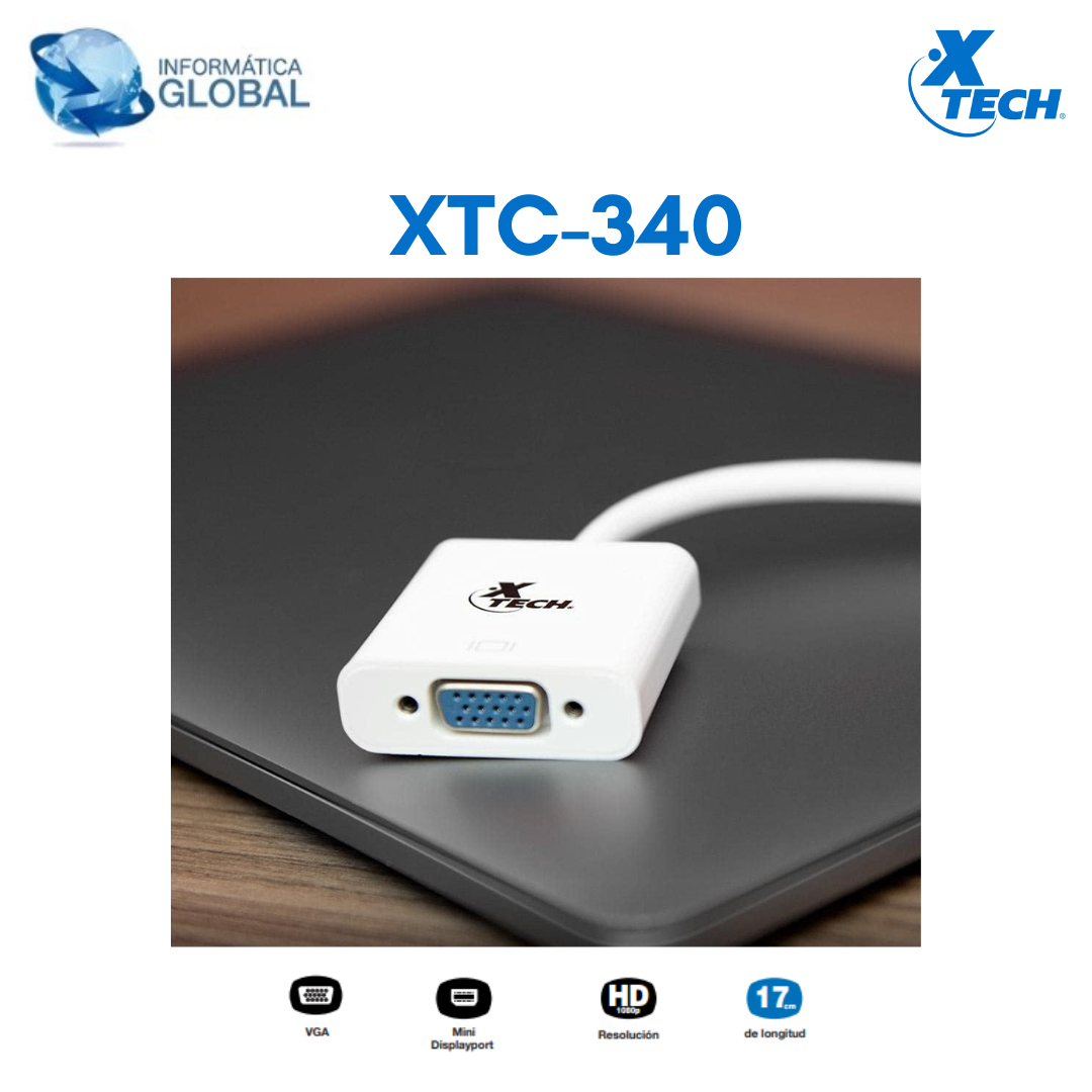 ADAPTADOR MINI DISPLAY PORT A VGA 17CM XTECH XTC-340 COLOR BLANCO - Informática Global Ec.